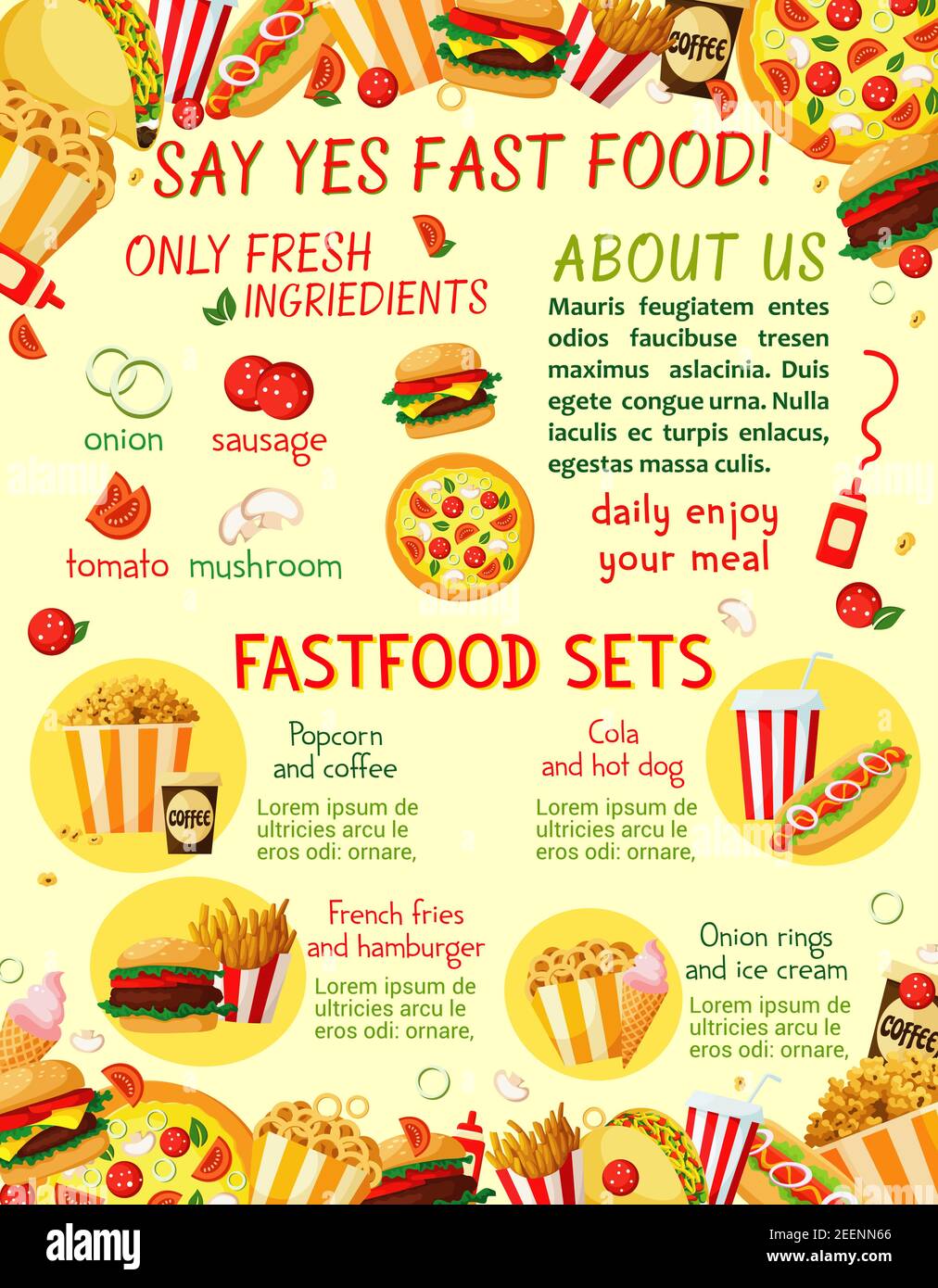 Fast food menu template of snacks, drinks and burgers. Vector combo set ...