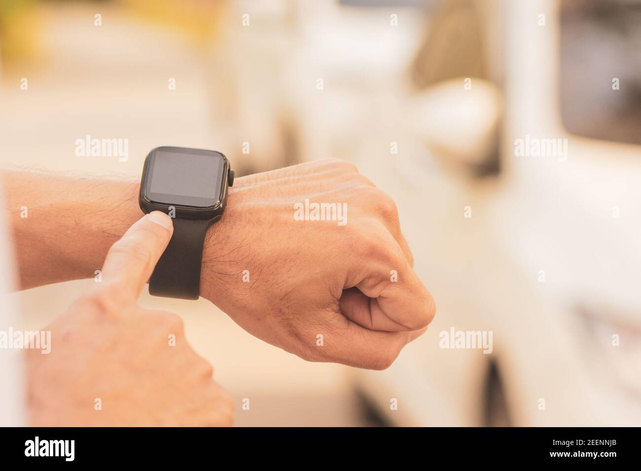 People use smart watch touching on screen connection social media by ...