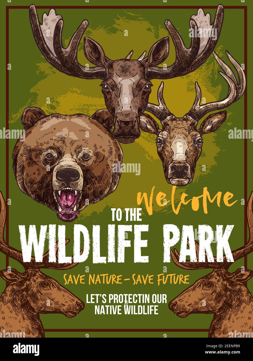 Wild animals welcome poster for wildlife park or zoo. Vector sketch ...