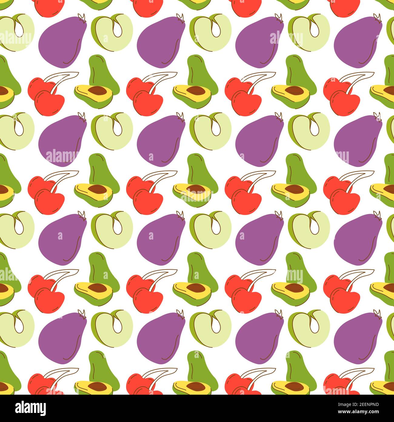 fruit pattern with coloring eggplant, avocados, green apples, cherries ...