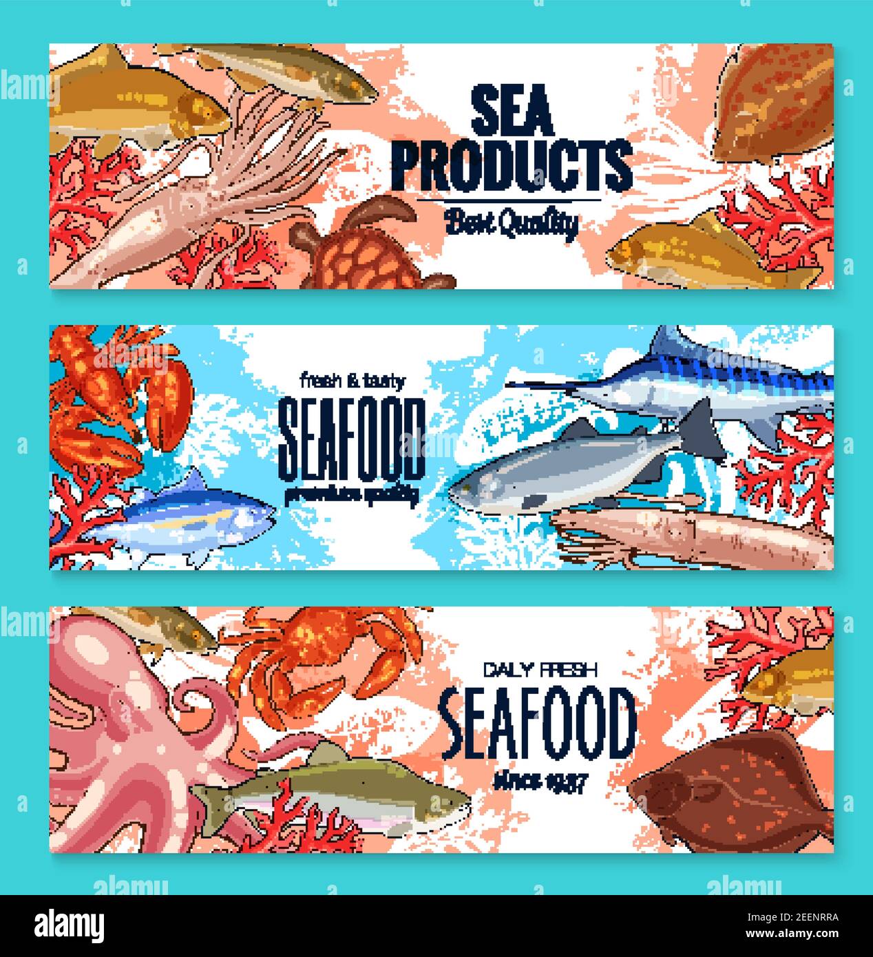 Seafood market product banners templates of fresh squid, lobster crab ...