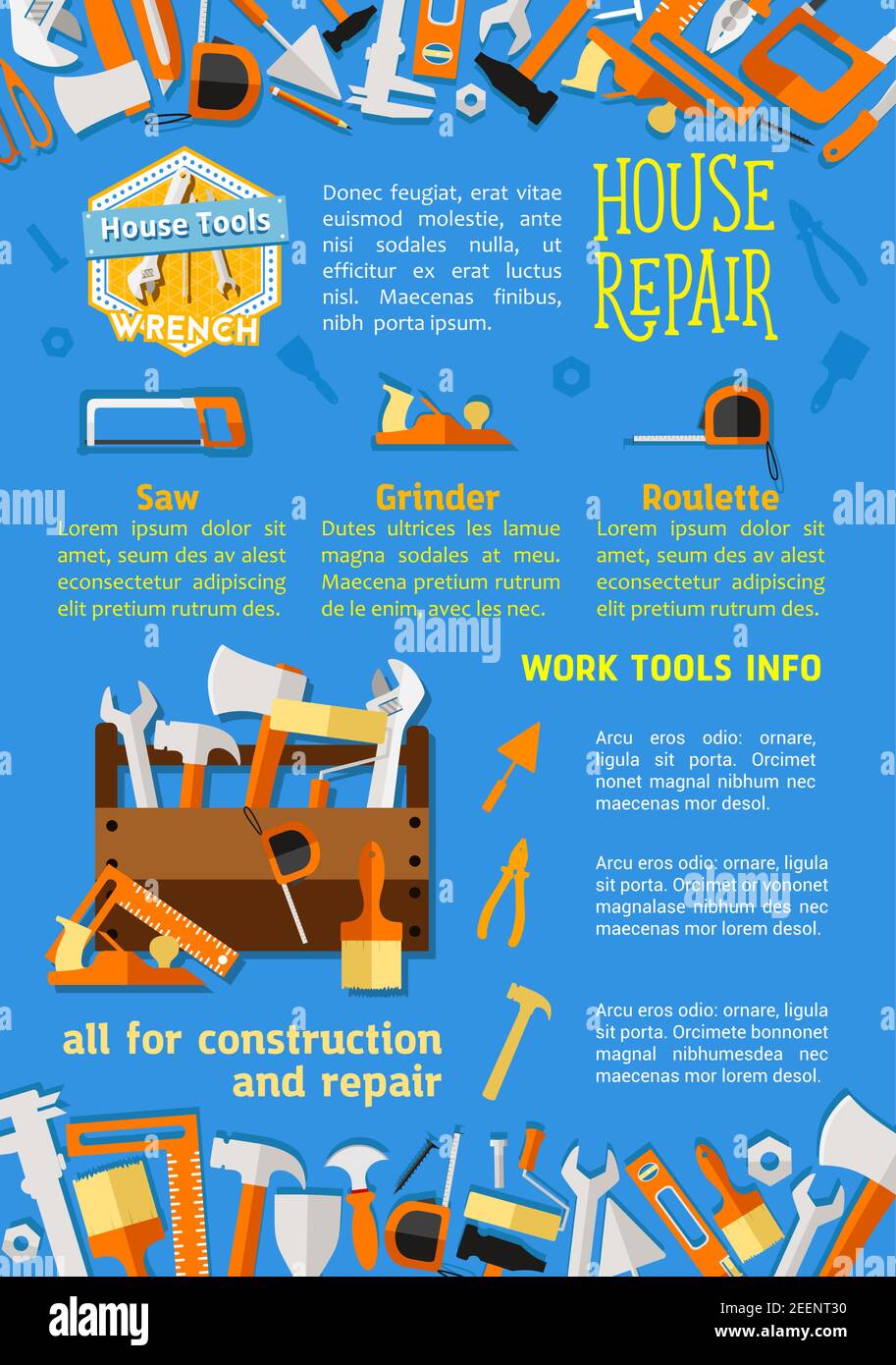 House repair work tools poster flat design. Vector handyman toolbox set ...