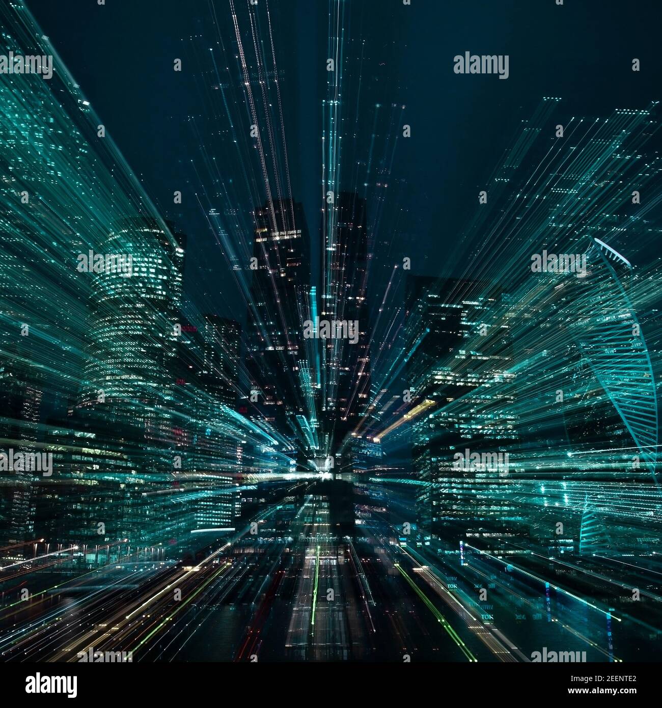 Hi-tech abstract green background. Cityscape of skyscrapers of Moscow ...