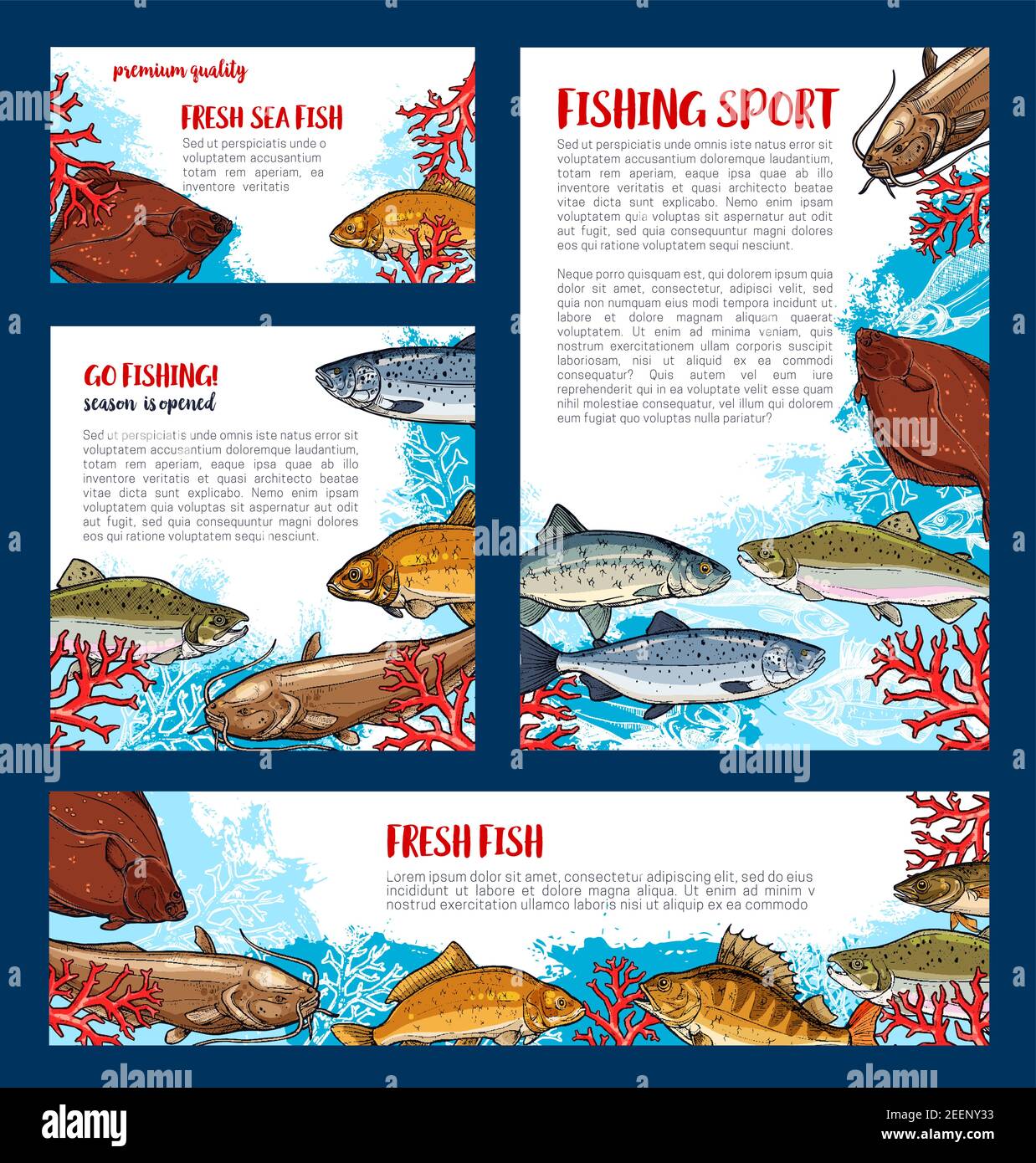 Fish banners for fishing sport. Fresh fish sketch poster and flyer with ...