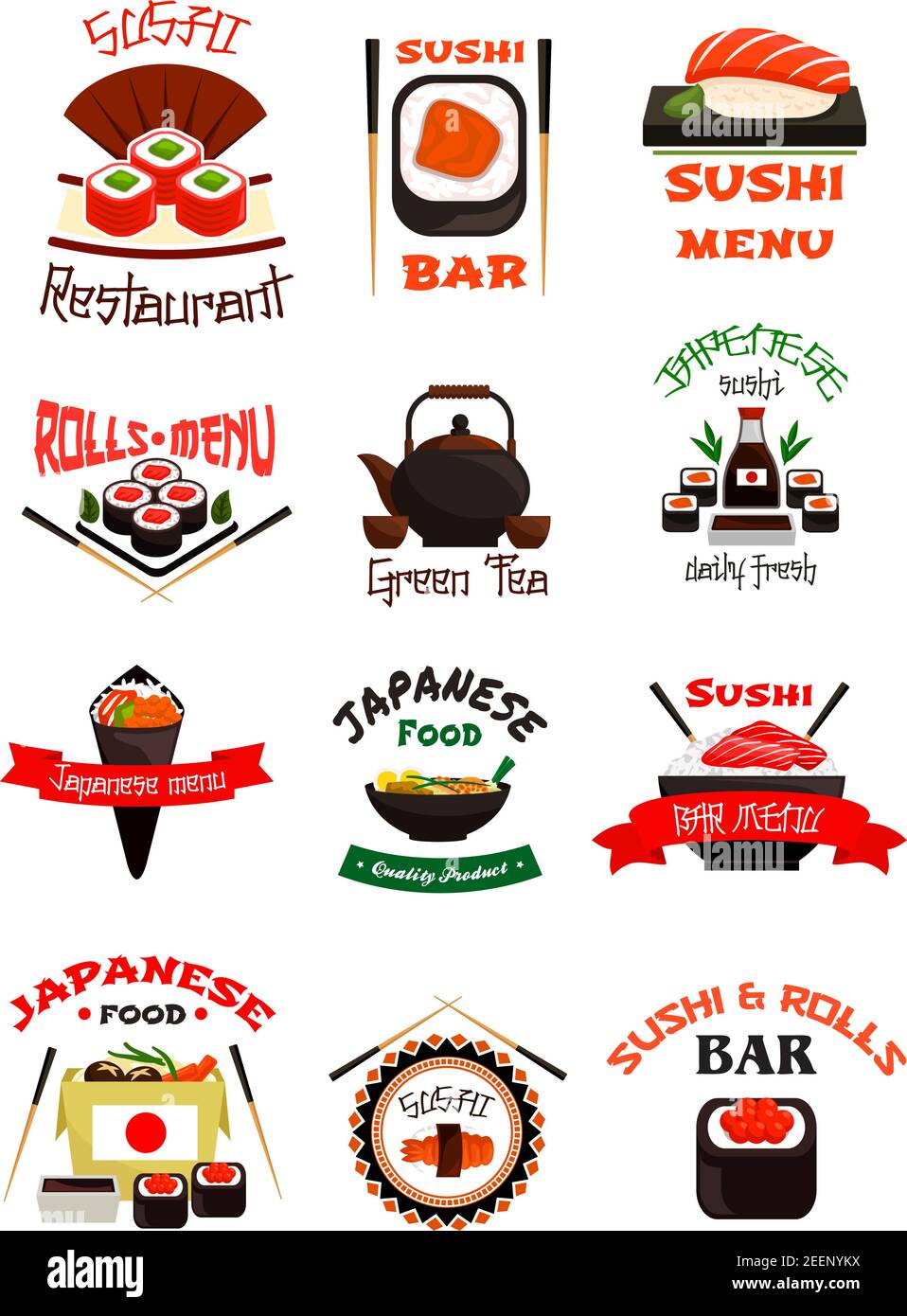 Japanese food isolated emblem set. Asian cuisine sushi, salmon fish ...