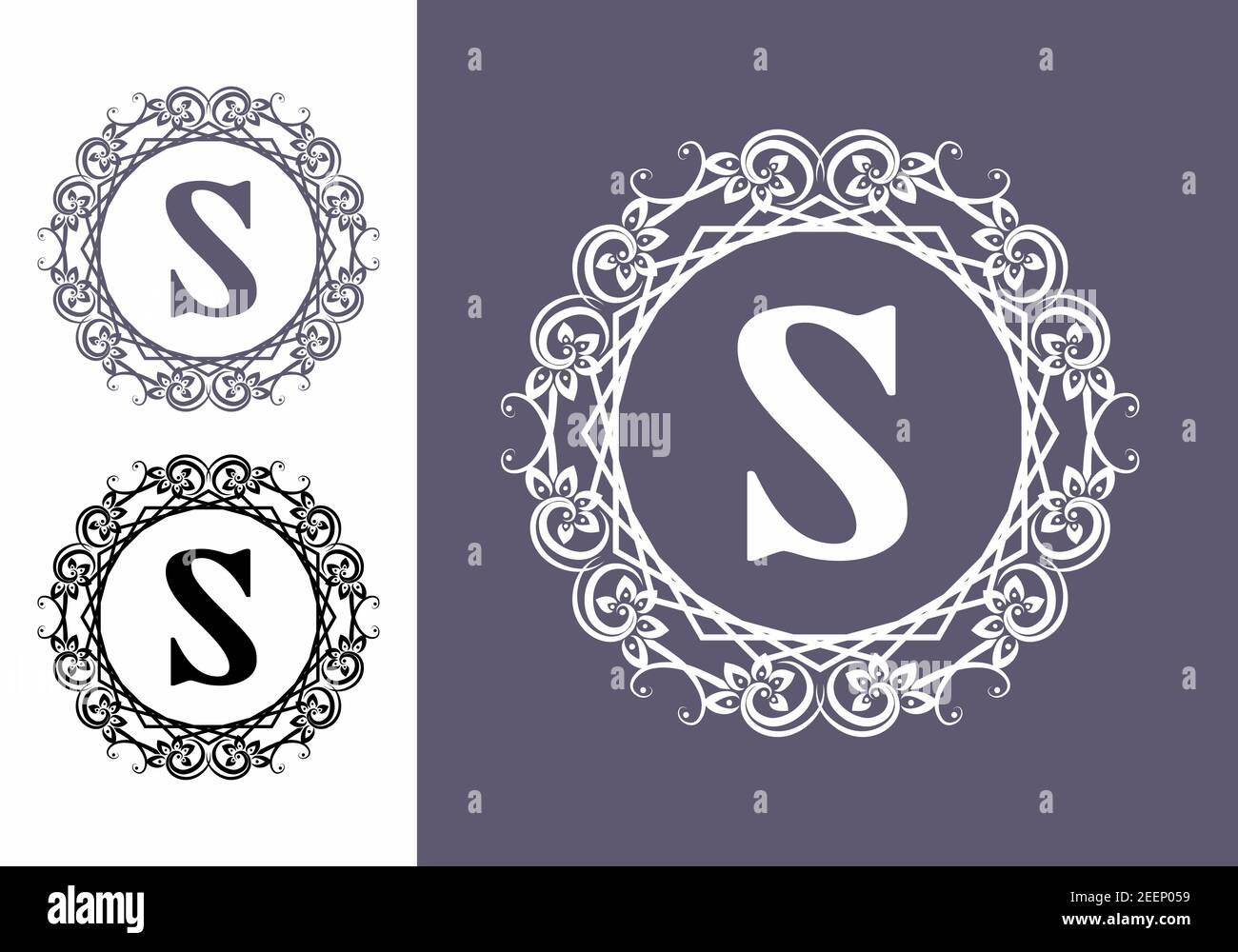 Grey white black of S initial letter in classic ornament frame design ...