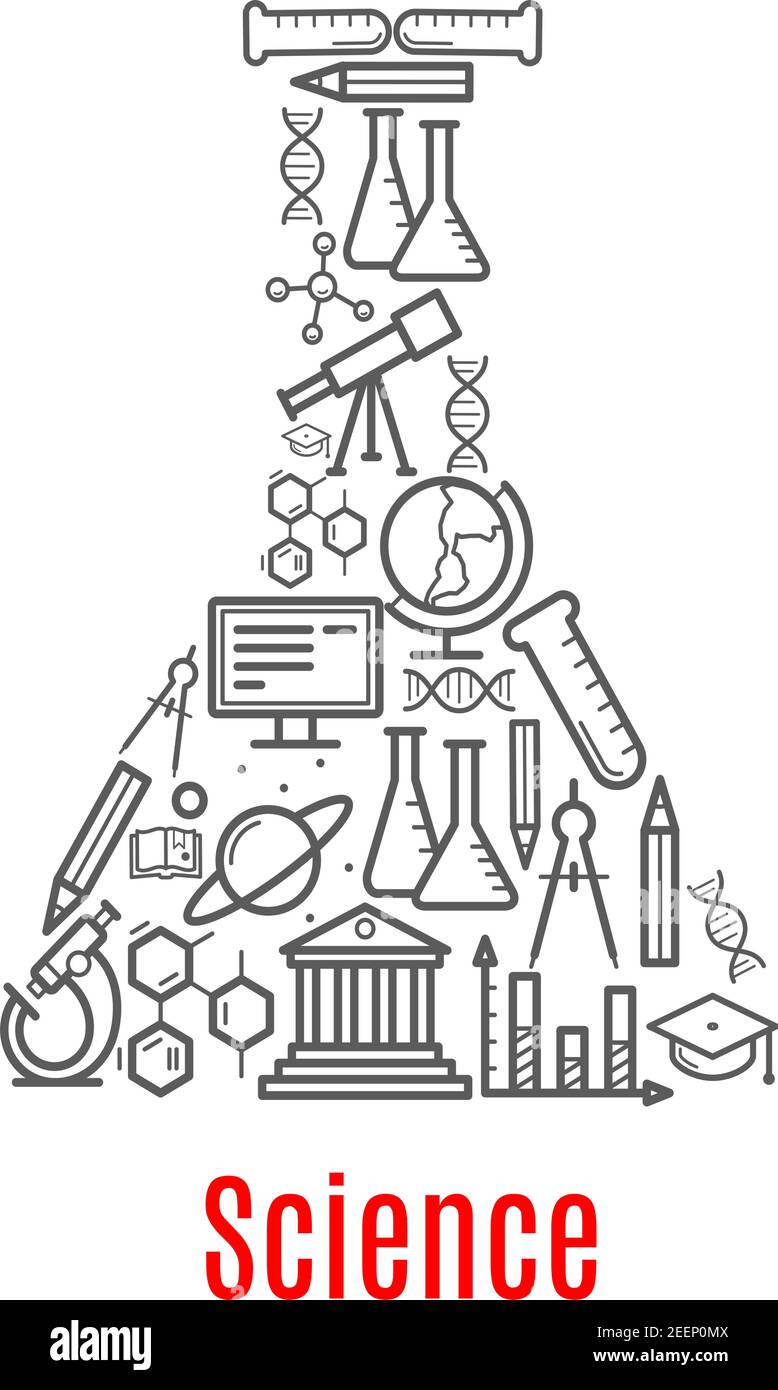 Chemical flask with science vector icon of microscope, atom, DNA ...