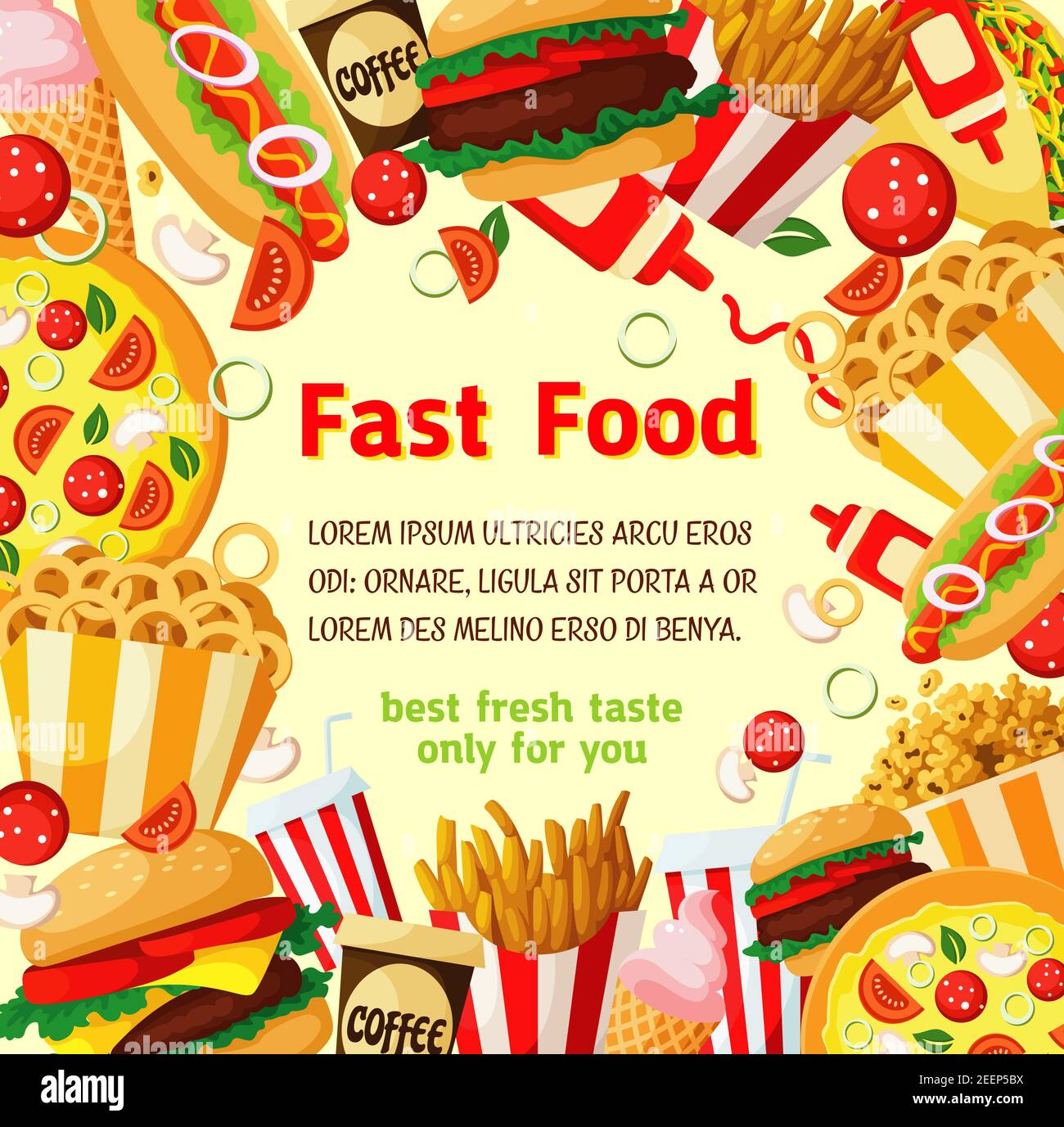 Fast food poster with frame of fastfood meal and drink. Hamburger, hot ...