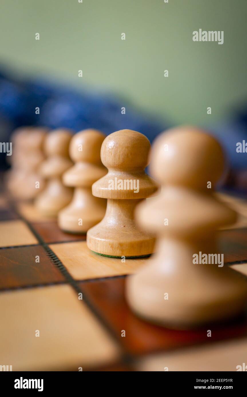 Row of white wooden chess pawns on a chessboard Stock Photo - Alamy