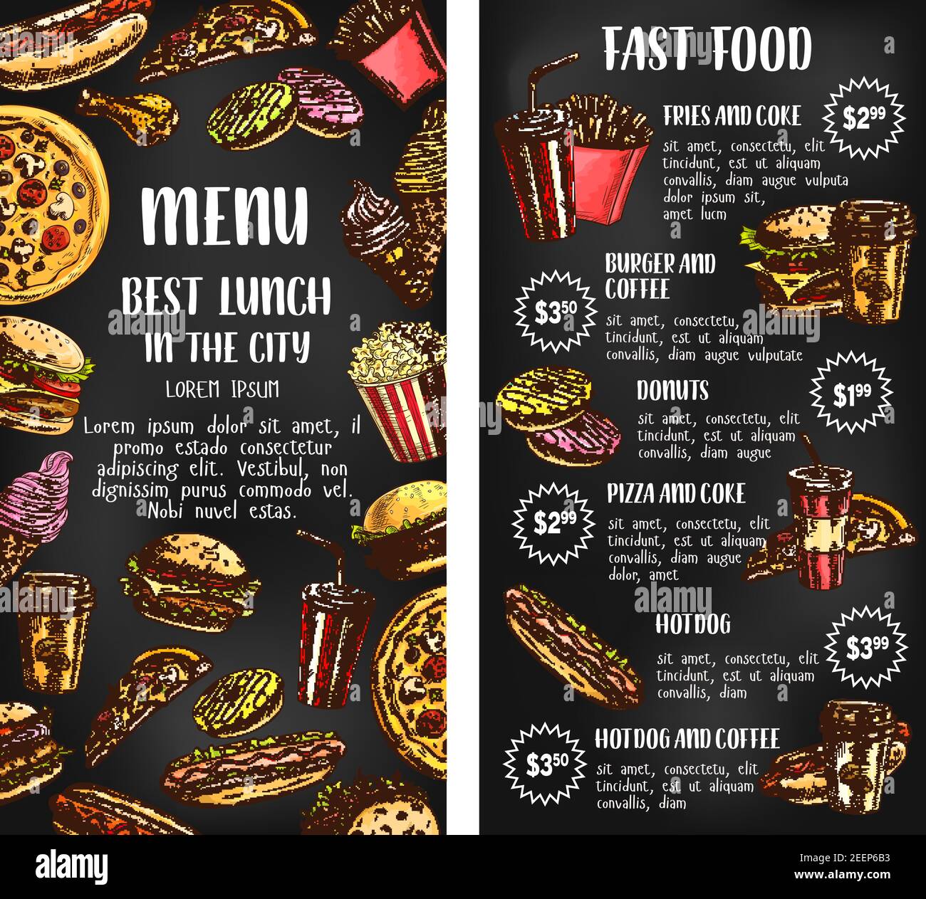 Fast food restaurant menu banner with fastfood lunch dishes list on ...