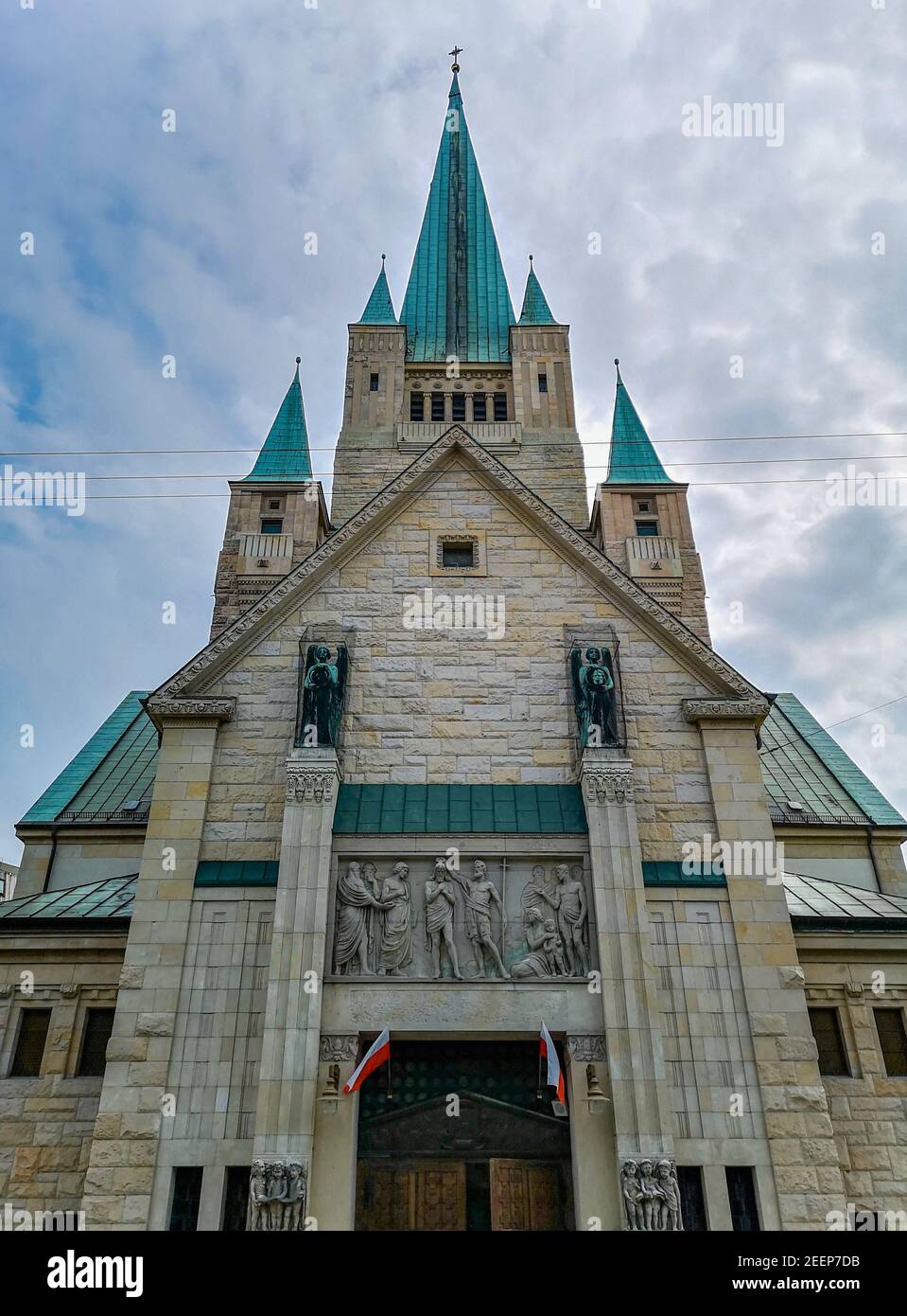Old white Cathedral building with aquamarine towers in Wroclaw City ...