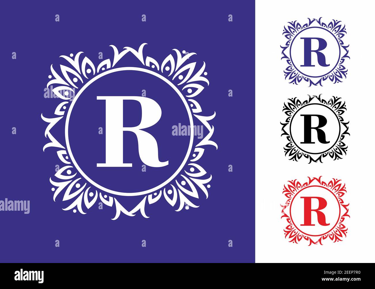 White purple of R initial letter in classic circle frame design Stock ...