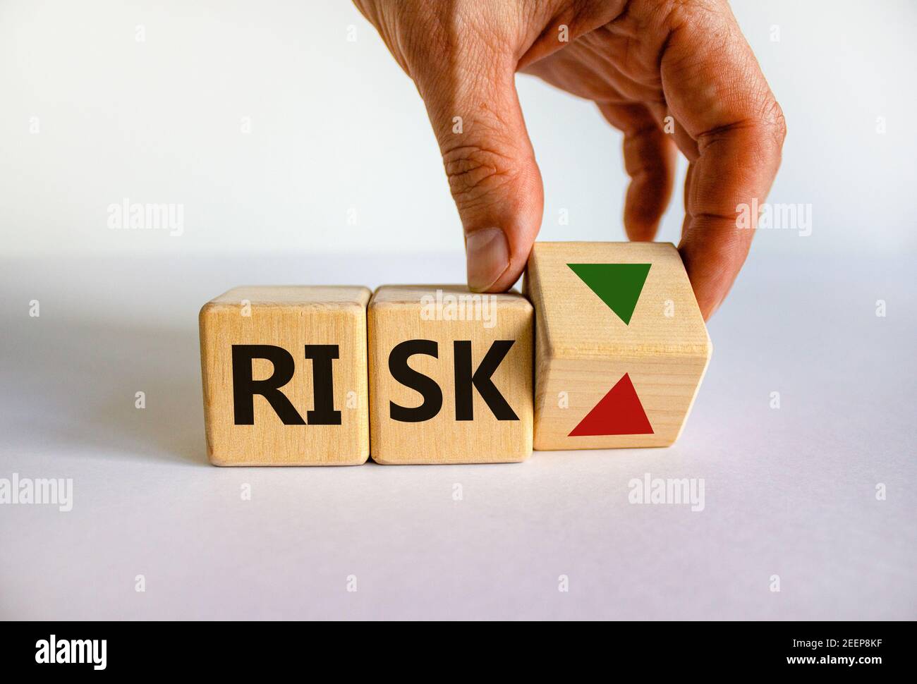 Risk symbol. Wooden cube with word 'risk'. Businessman turns the wooden ...