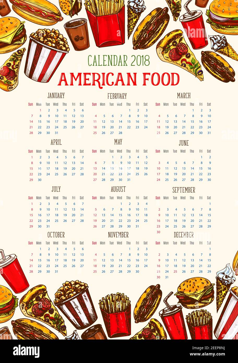 Fast food calendar 2018 poster template of fastfood meal, sandwiches or ...