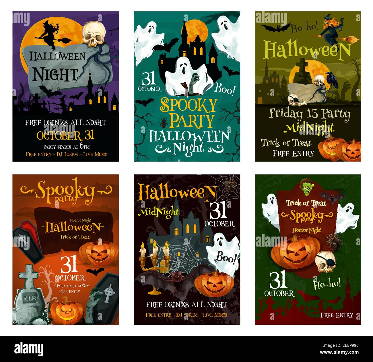 Halloween holiday greeting card set. Spooky ghost, pumpkin and witch ...