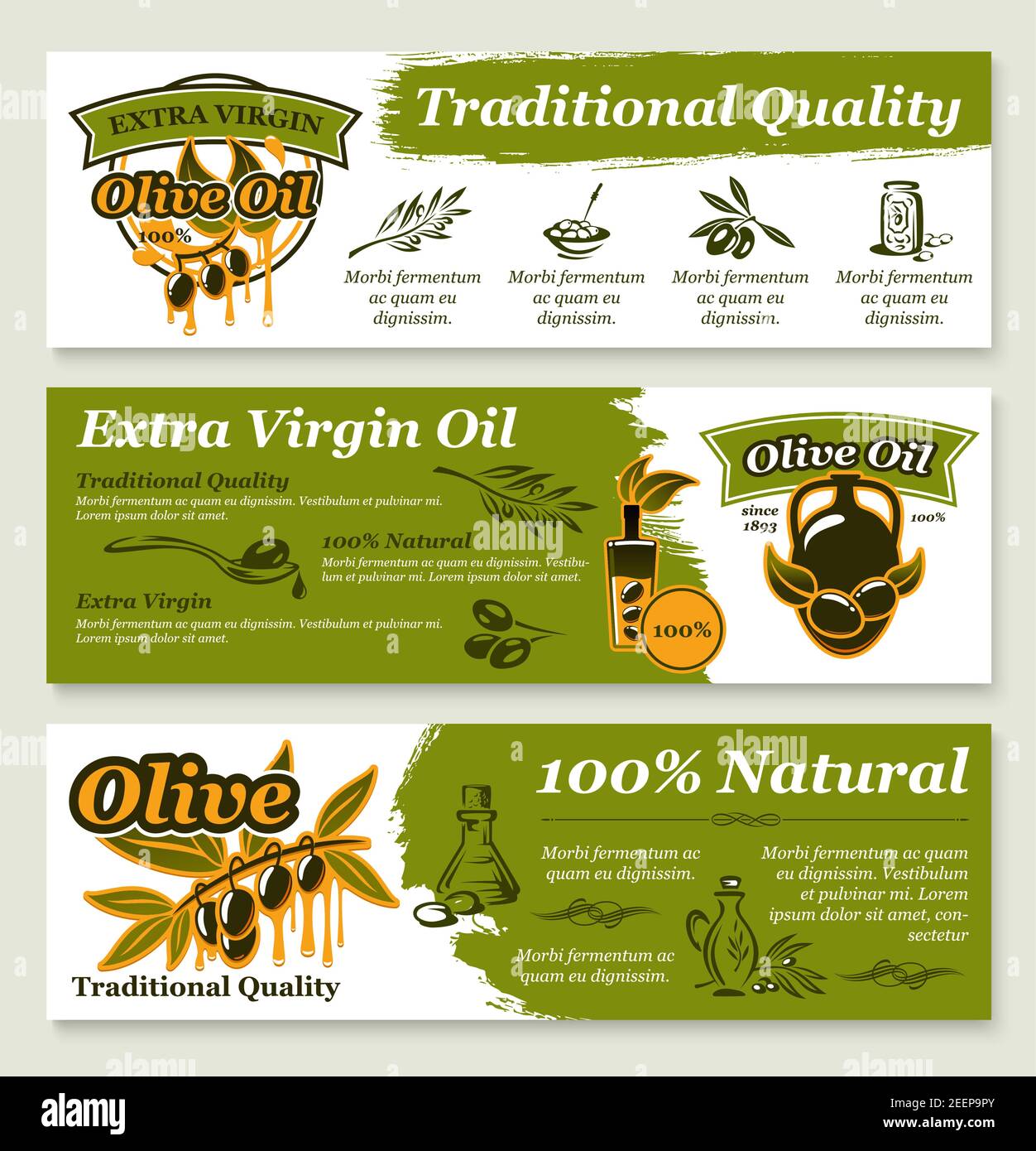 Olive oil and marinated olive fruit banner template set. Pitted greek ...