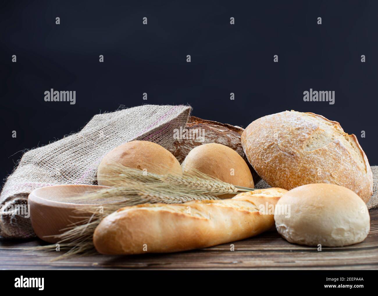 Fresh bakery as a baguette, brad and bread rolls with natural grain ...