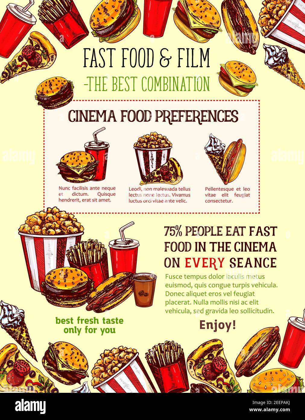 Fast food burgers, sandwiches and snack poster for cinema bar or bistro ...