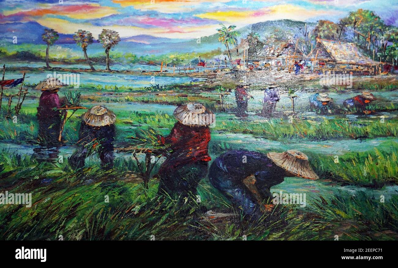 Art painting Acrylic color Thai land Grow rice , Transplant rice ...
