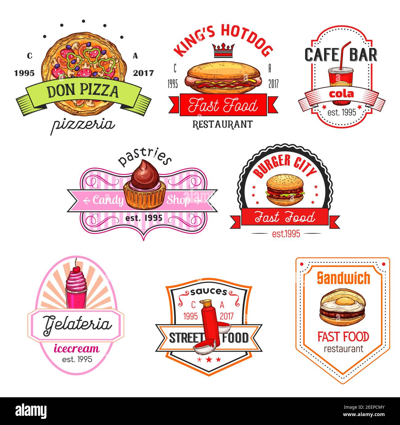 Fast food restaurant, pizzeria, pastry shop and ice cream cafe badge ...