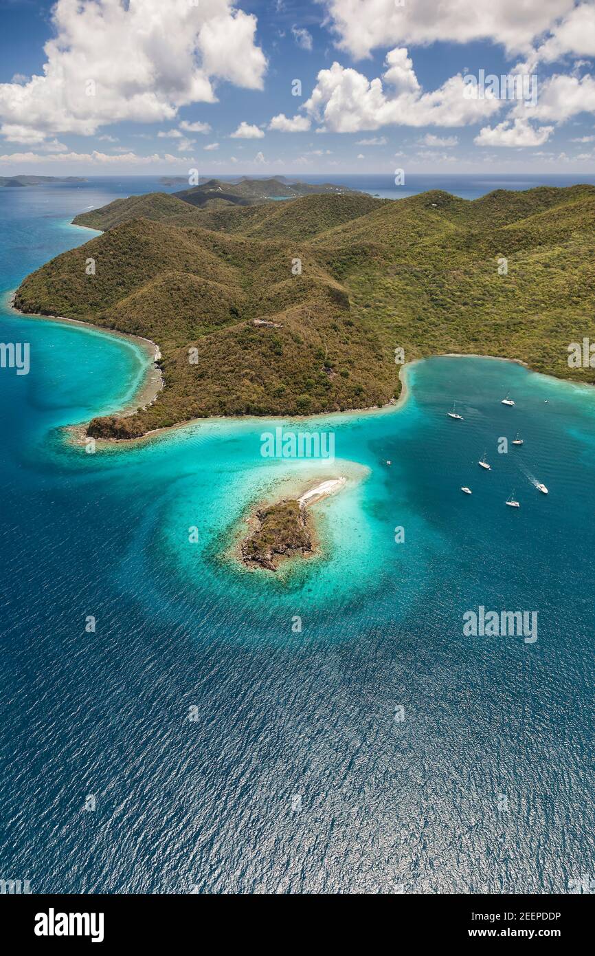 Aerial view of Waterlemon Cay with boats harboring in the bay on the ...