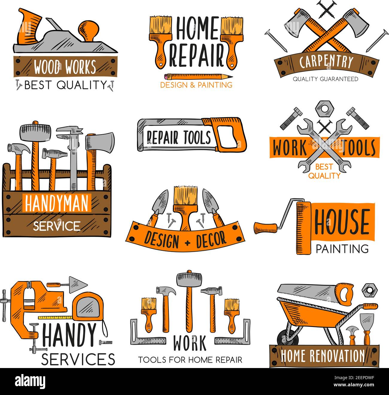 Work tool emblem set for home repair, house painting and carpentry work ...