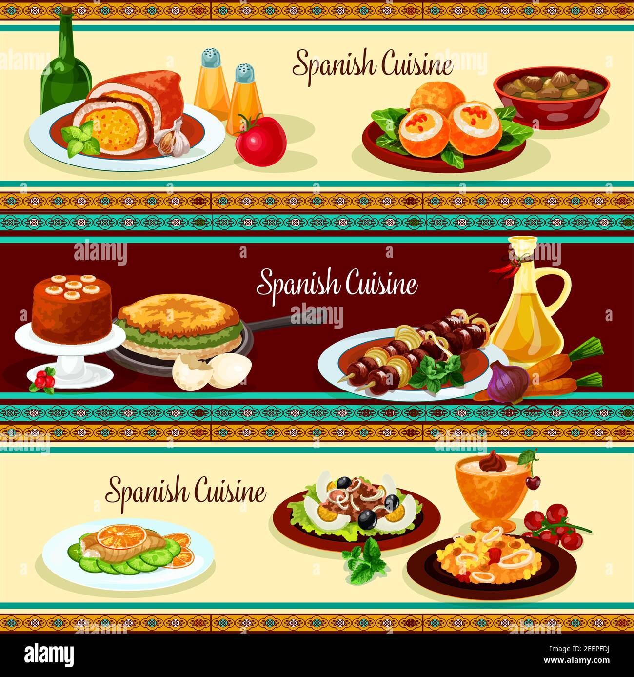 Spanish cuisine dinner with dessert restaurant banner set. Seafood rice ...