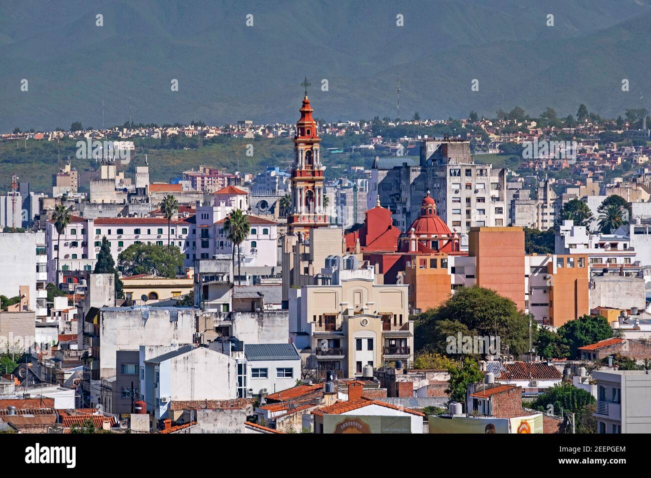 Aerial view over the historic colonial centre of the city Salta showing ...