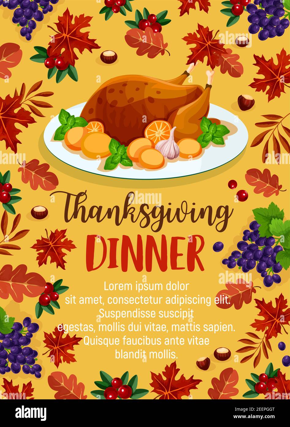 Thanksgiving day dinner invitation poster template of roasted ...