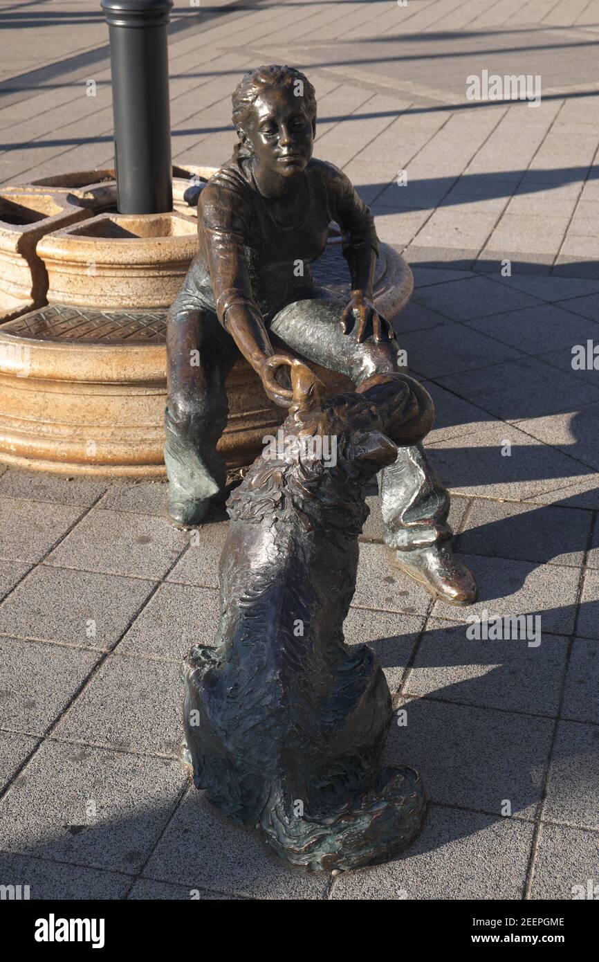 Sculpture of a girl with a dog, Jane Haining Rakpart, Budapest, Hungary ...