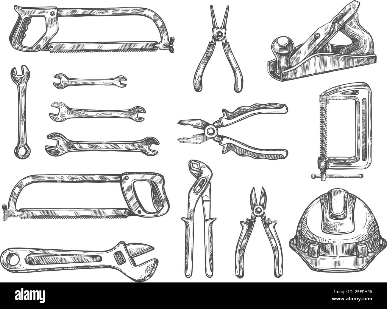 Construction and repair tool sketch set. Vector spanner, pliers, wrench ...