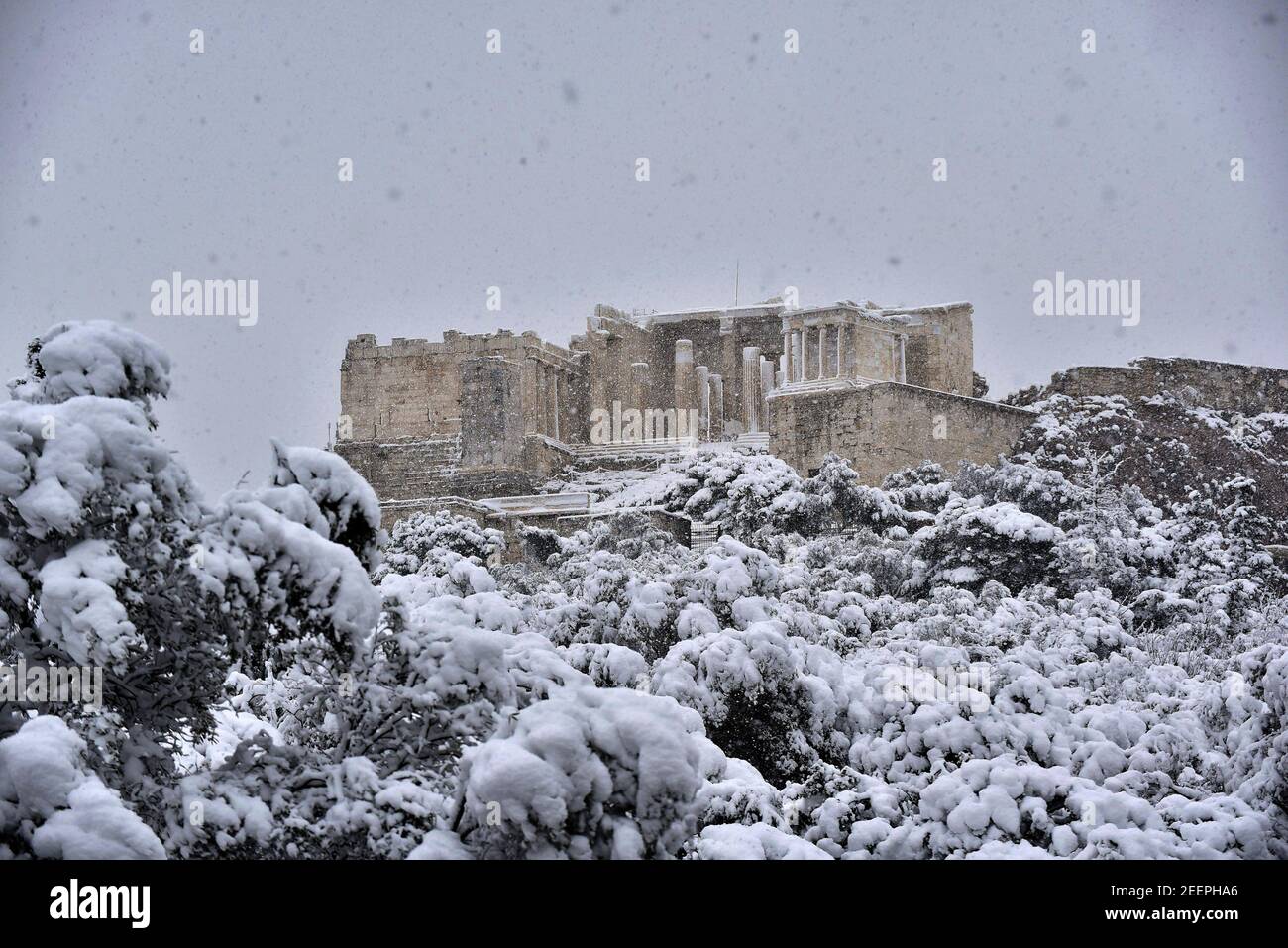 Athens, Greece. 16th Feb., 2021. The Acropolis Hill is seen covered in ...