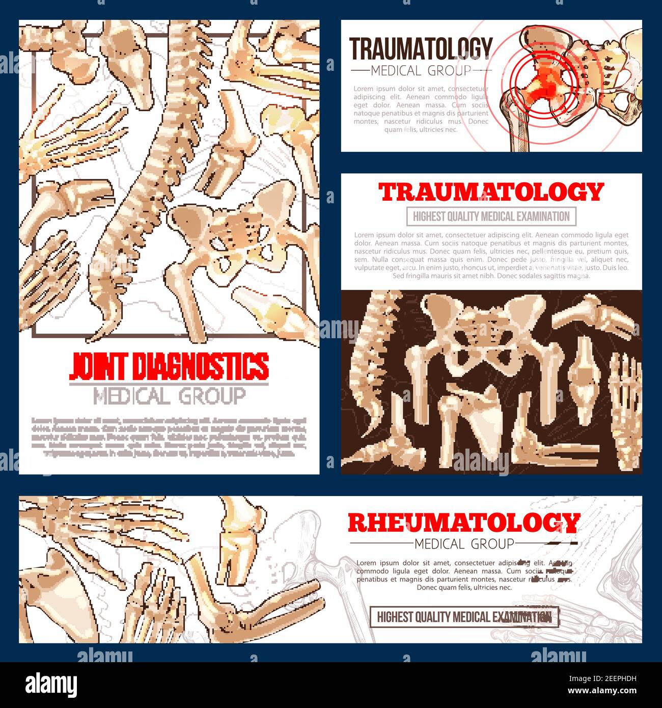 Traumatology and rheumatology medicine banner template set. Bone and ...