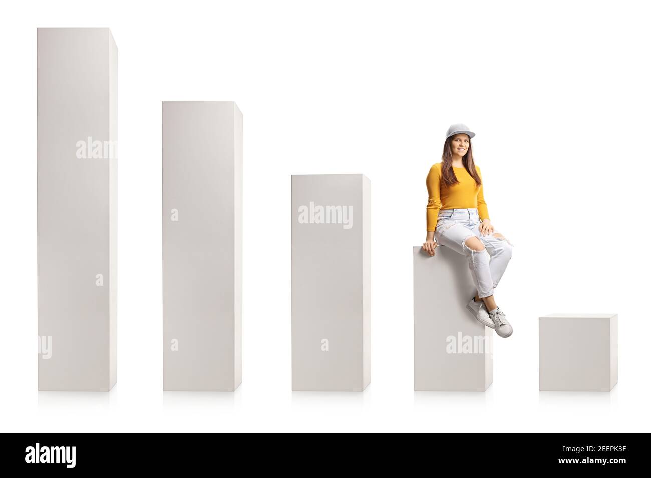 Young female sitting on a graph chart and smiling at camera isolated on ...