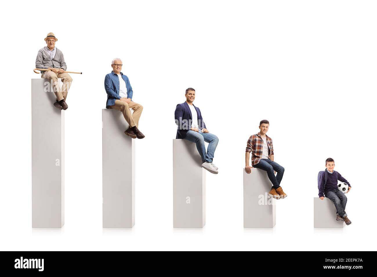 Child, young and elderly men sitting on a graph chart isolated on white ...