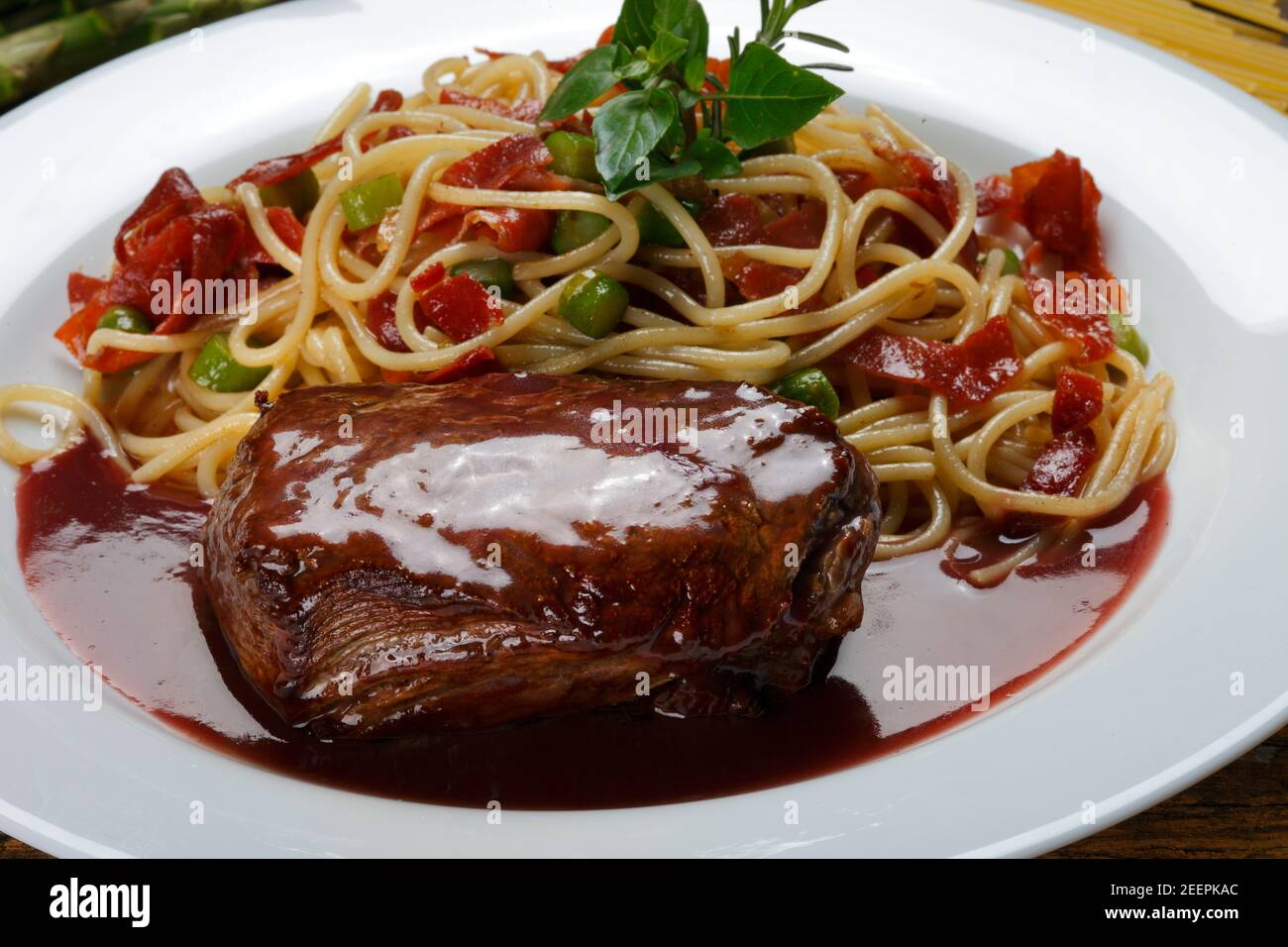 Filet mignon with pasta Stock Photo - Alamy