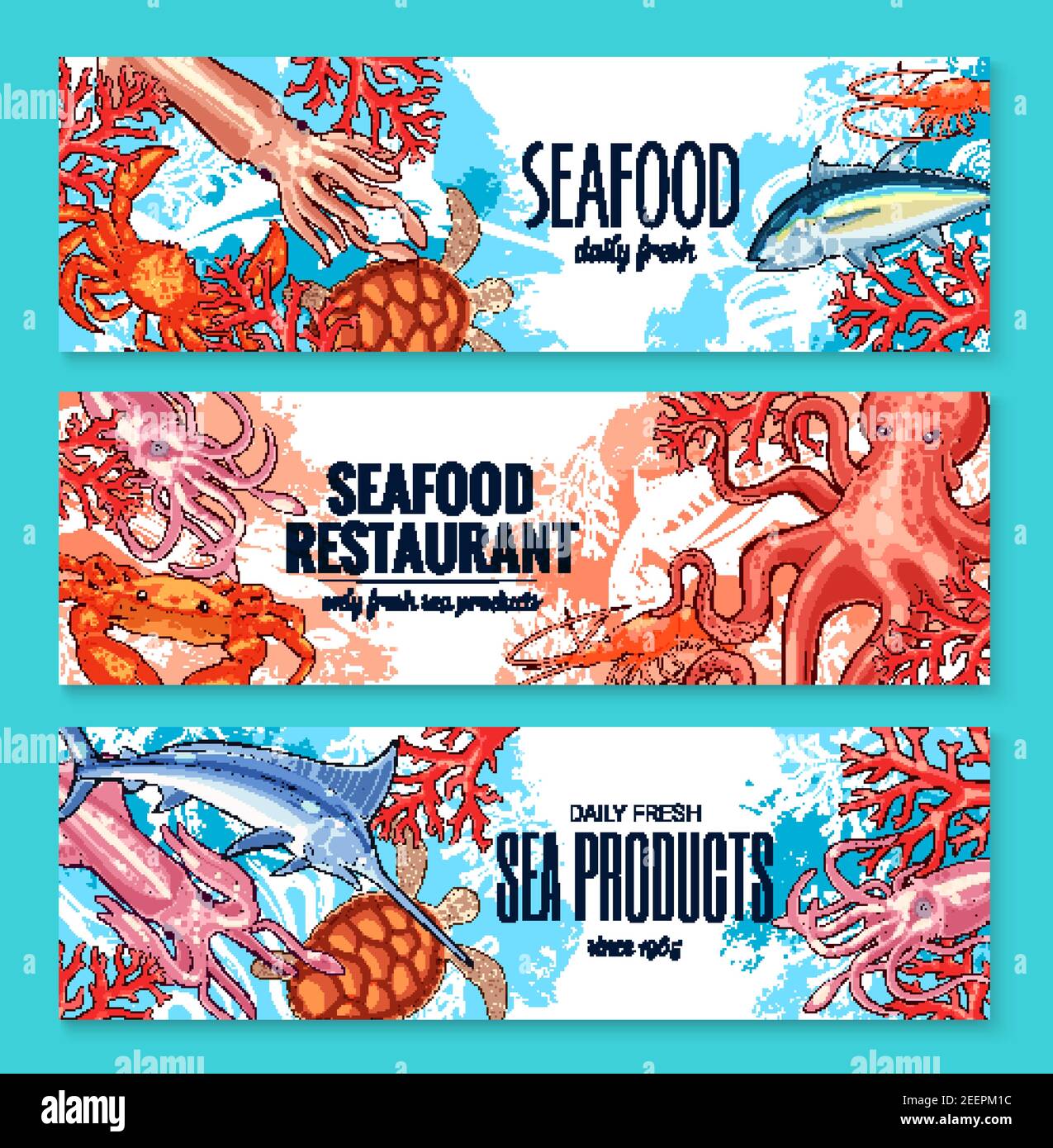 Seafood product banners for restaurant or sea food market. Vector ...