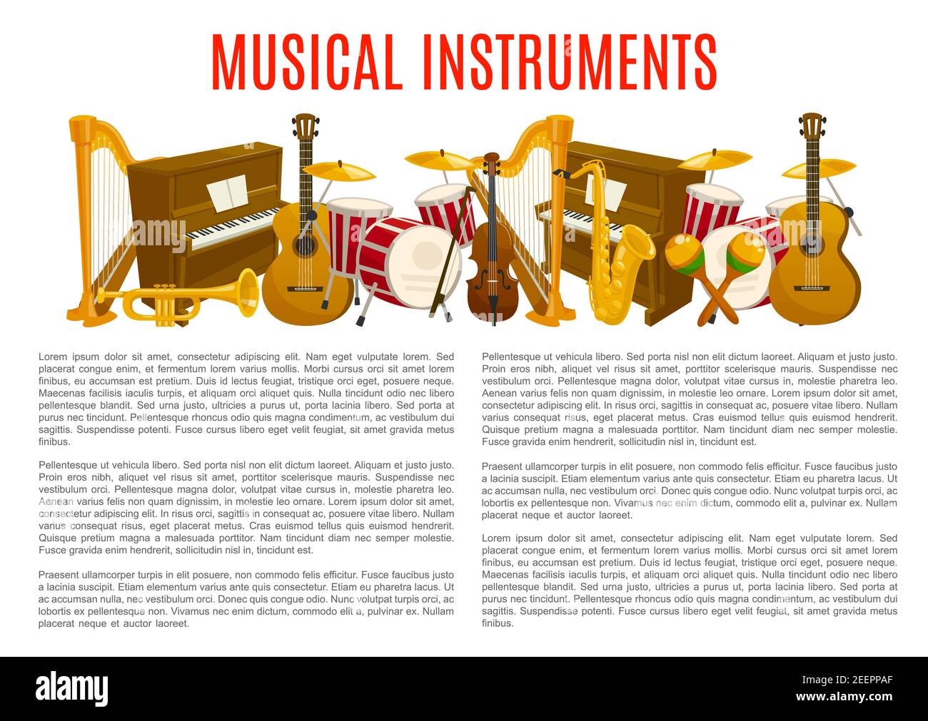 Musical instrument poster template. Guitar, piano, saxophone, drum ...
