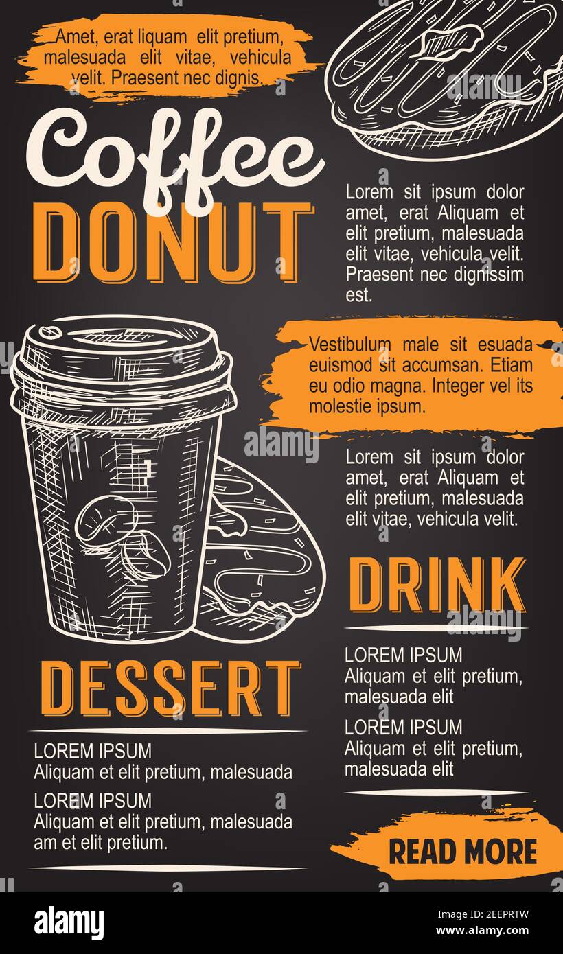 Donut and coffee chalkboard poster for fast food cafe or bakery ...