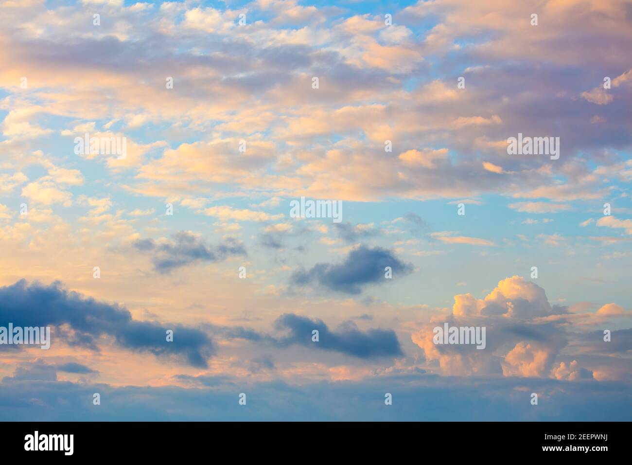 Real sundown sunset sky with beautiful light clouds without any birds ...