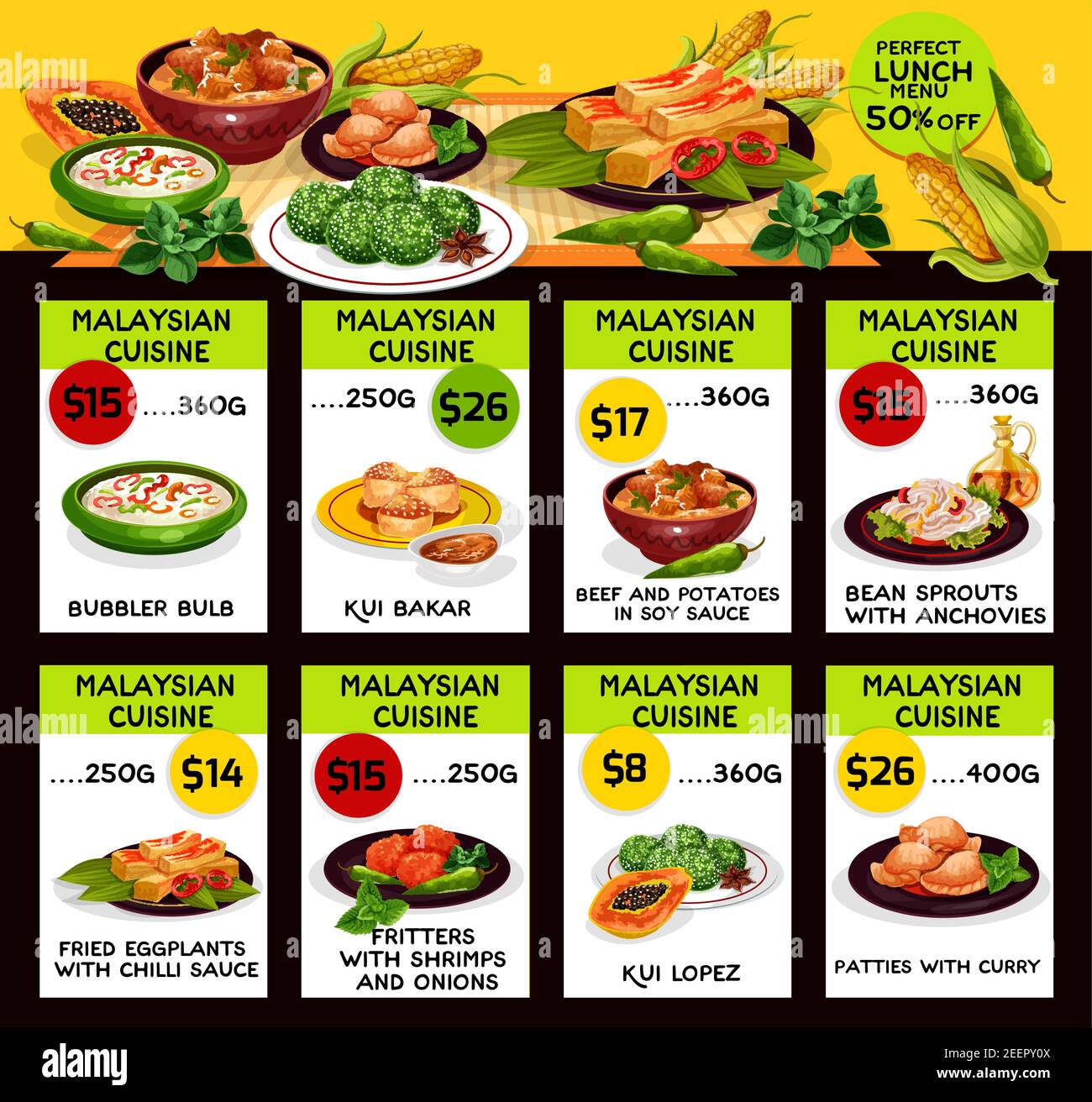Malaysian cuisine restaurant menu template. Vector lunch offer dishes ...