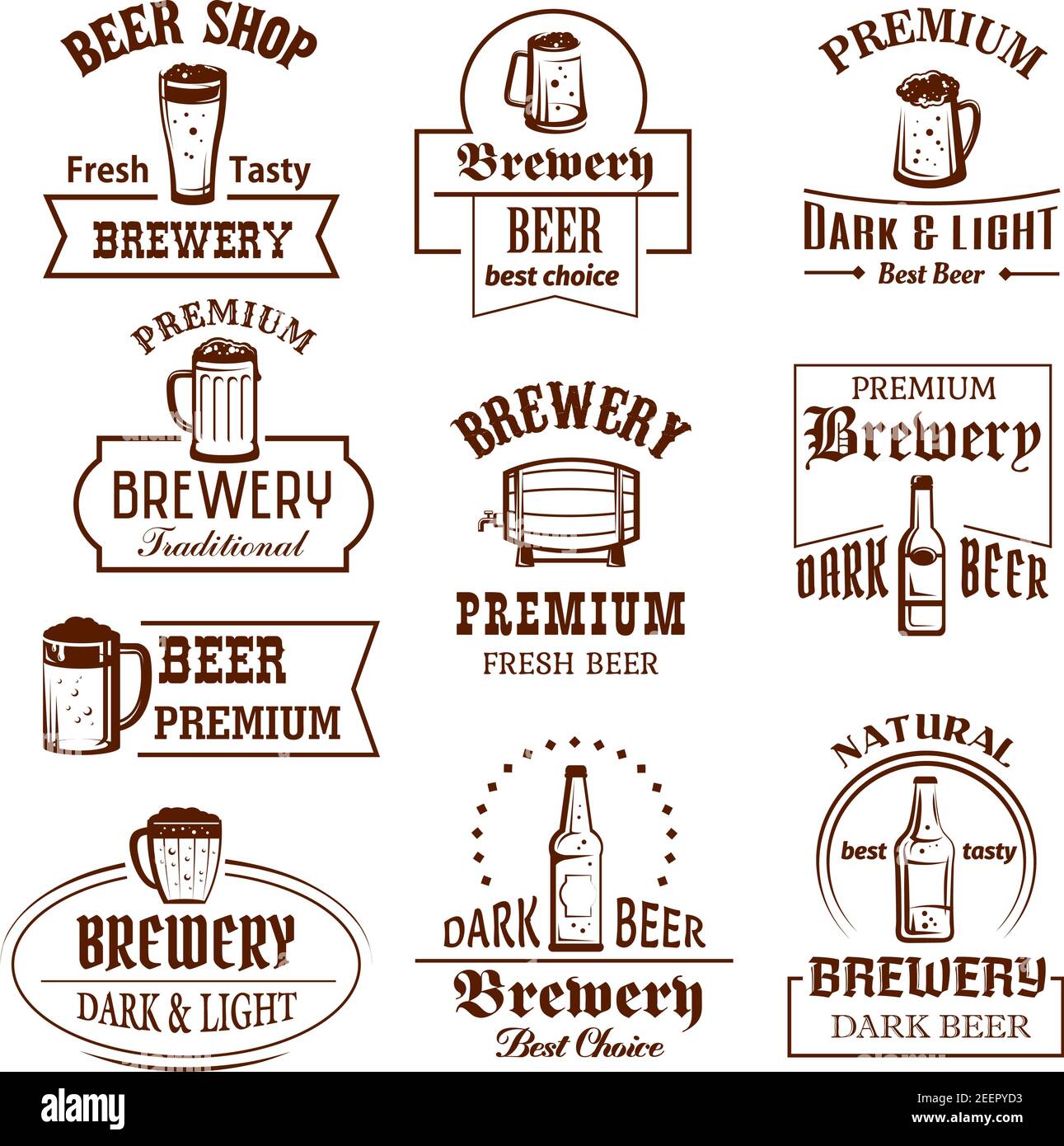 Beer shop, brewery bar or pub icons of glass, bottle or barrel and pint ...