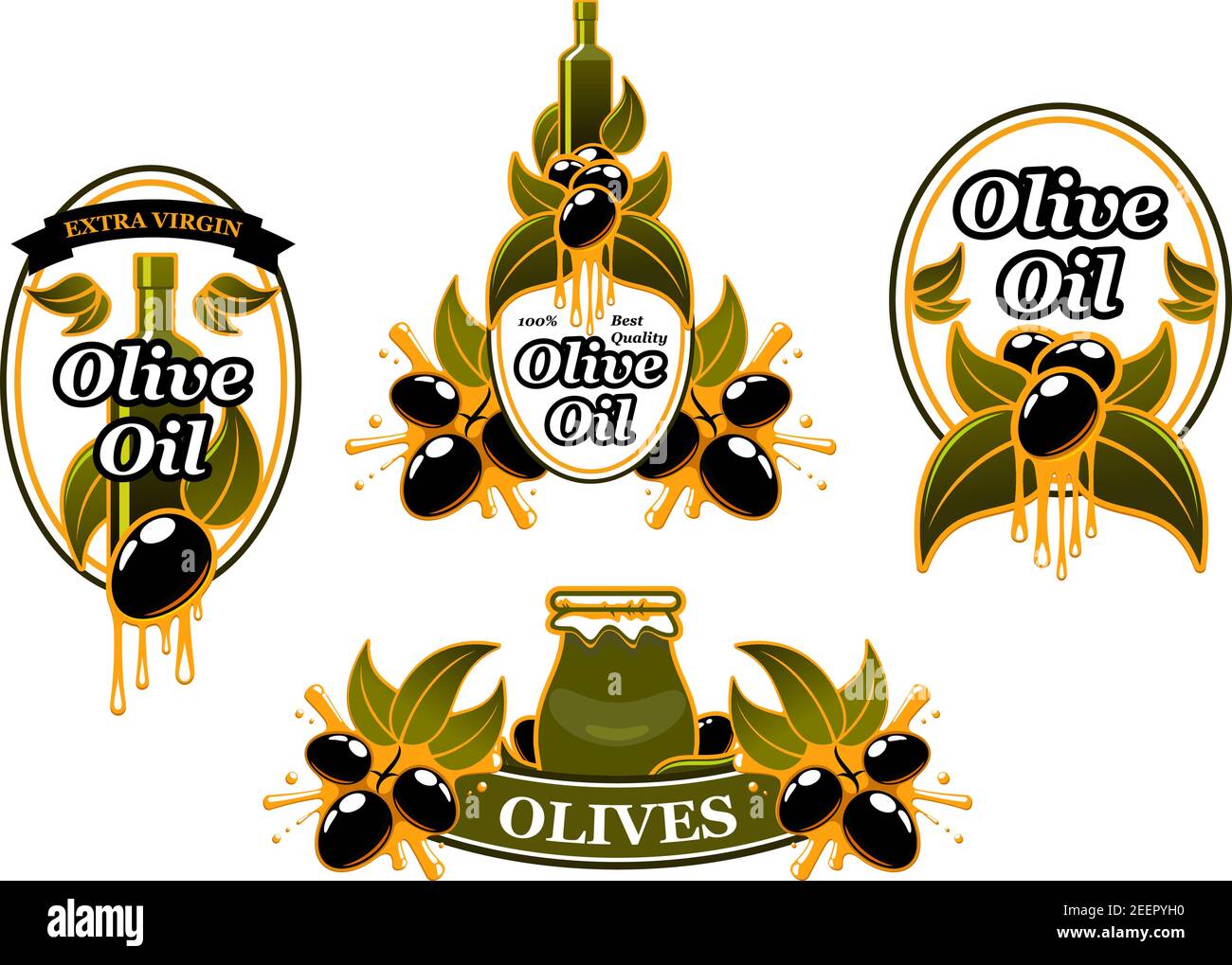 Olive oil icons or labels of green and black olives for extra virgin ...