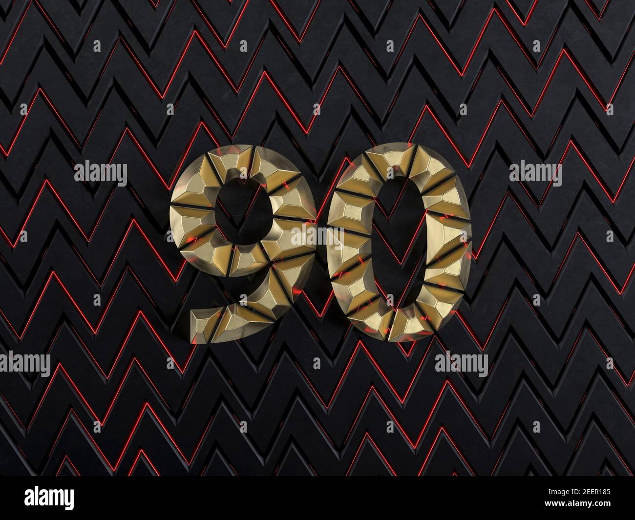 Number ninety (number 90) made from gold bars on dark background with ...