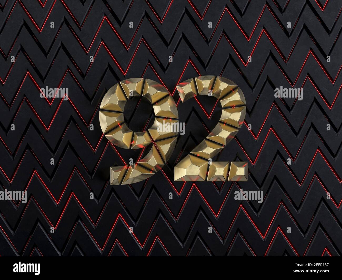 Number ninety-two (number 92) made from gold bars on dark background ...
