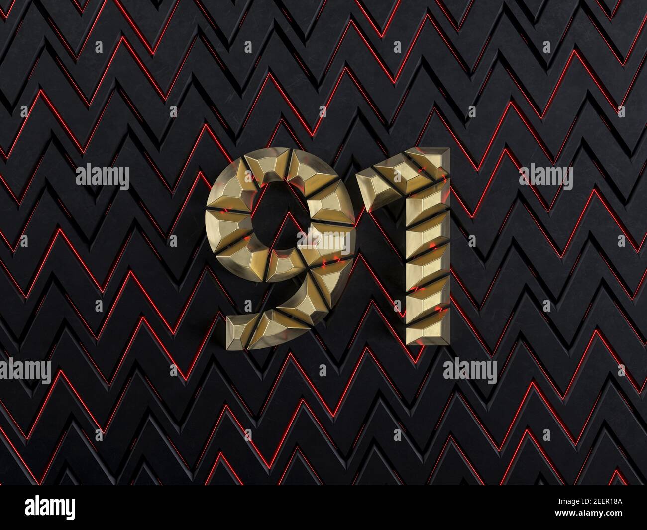 Number ninety-one (number 91) made from gold bars on dark background ...
