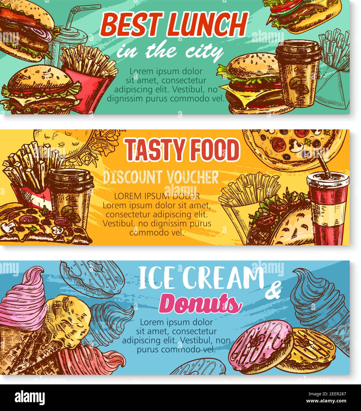 Fast food sketch banners for fastfood restaurant menu. Vector set of ...