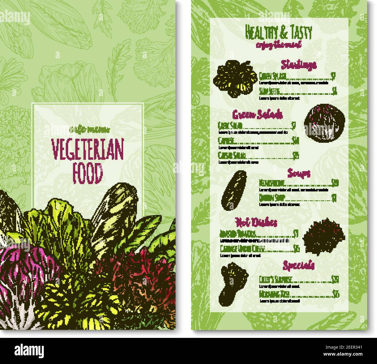 Salads and lettuce vegetables menu template for vegetarian cafe or ...