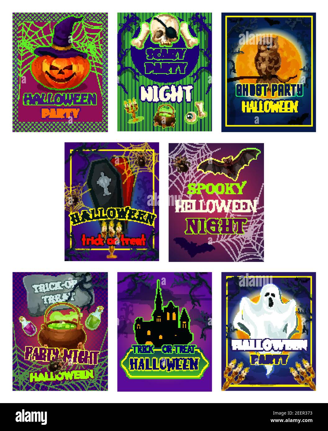 Halloween horror night party invitation card set. Spooky ghost and ...
