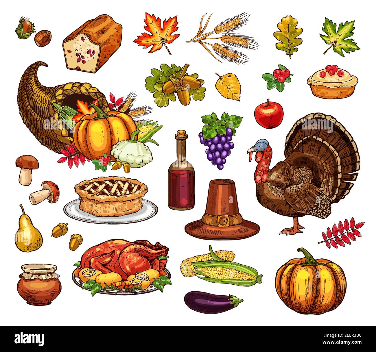 Thanksgiving symbols and holiday sketch icons. Vector isolated set of ...